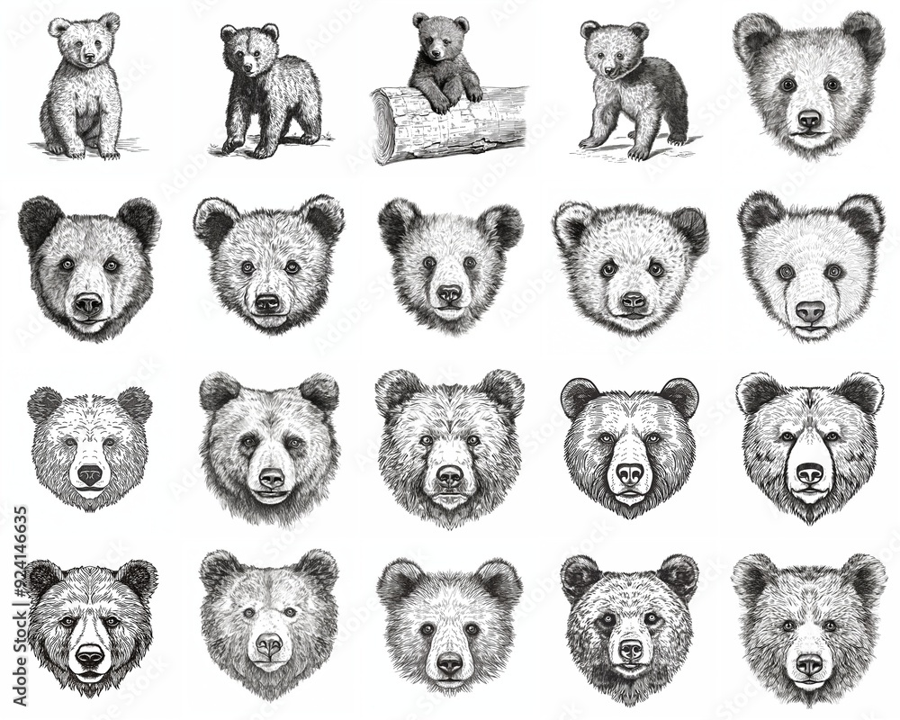 Detailed Hand Drawn Bear Faces and Cubs Illustration, Perfect for ...