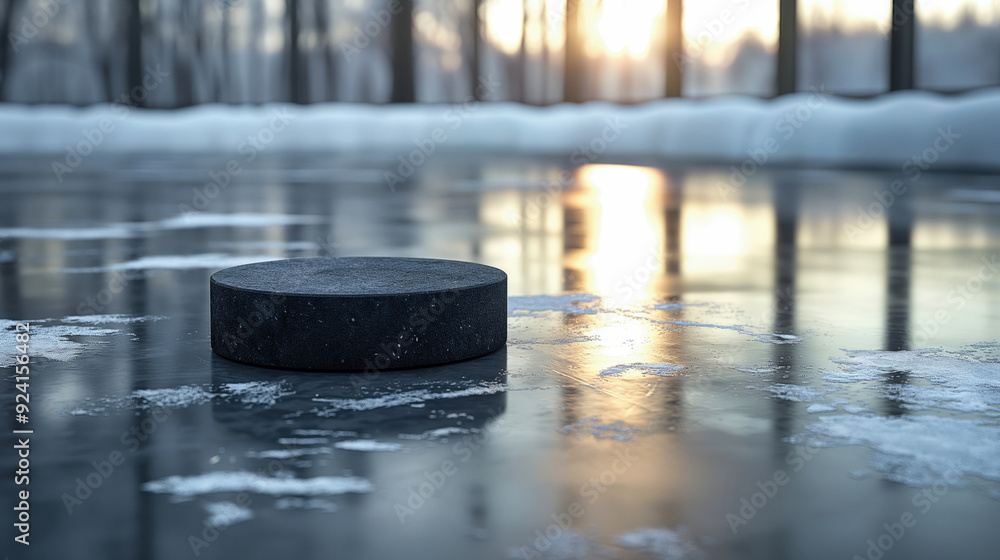 Sports background image for ice hockey in winter. Outside closeup with ...