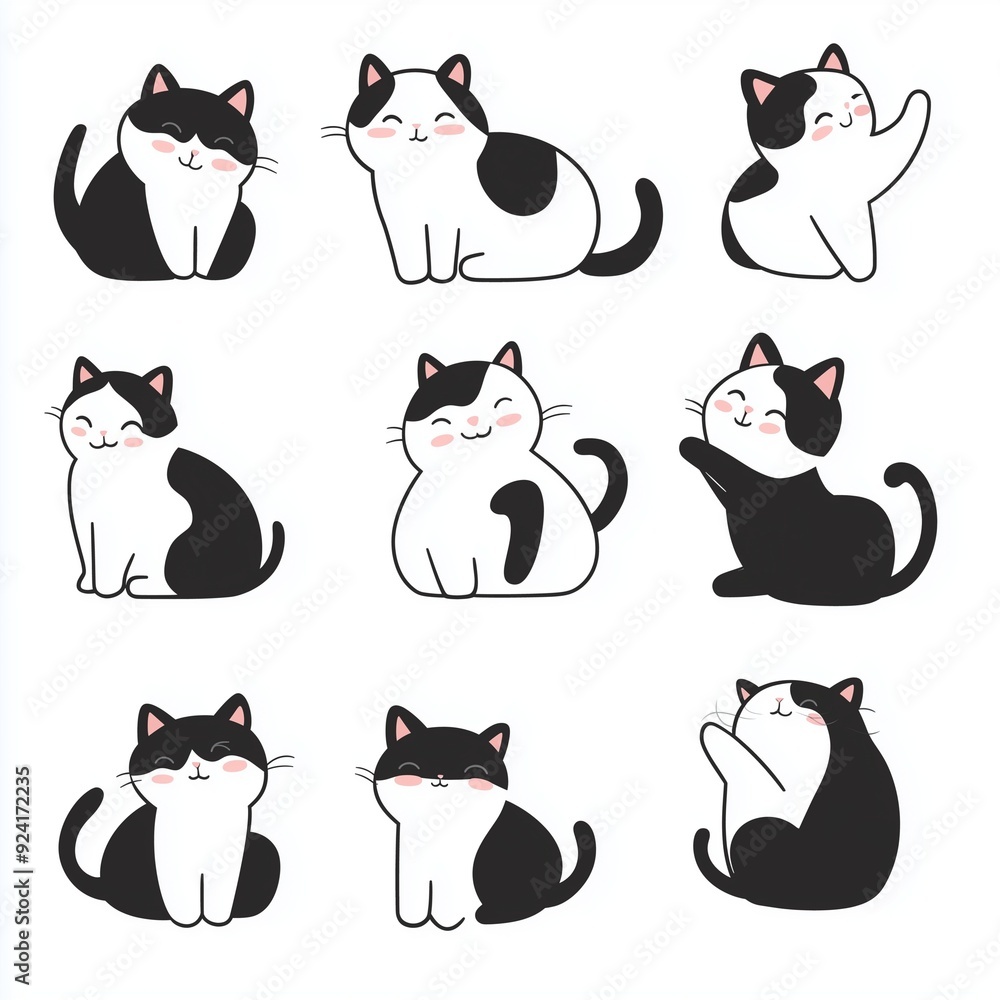 Cute Cartoon Black and White Cats Illustration Set - Adorable Kitty ...