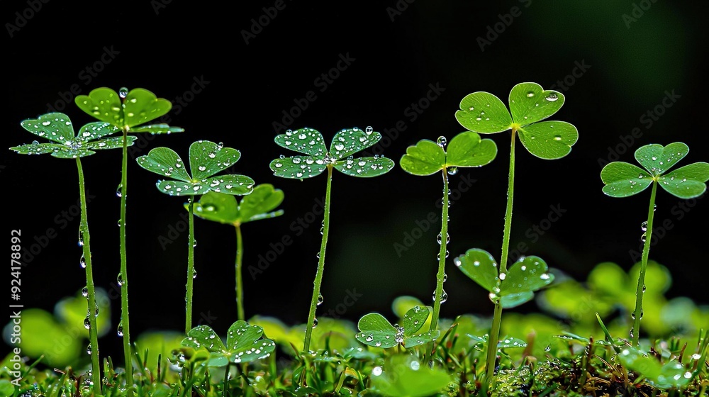 Four leaf clovers sit atop green moss-covered ground, droplets of water ...