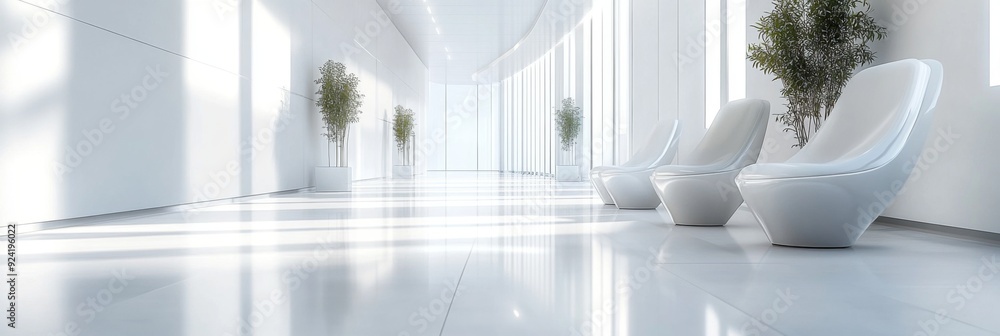 Elegant White Architectural Corridor with Modern Waiting Chairs: A ...