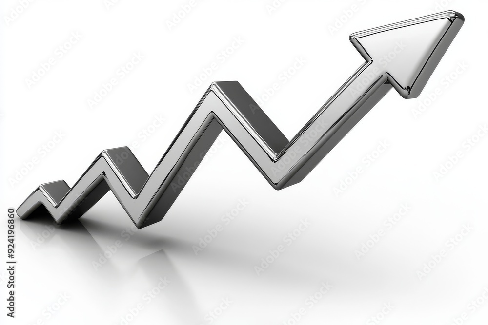 Silver zigzag arrow pointing upwards representing growth progress and ...