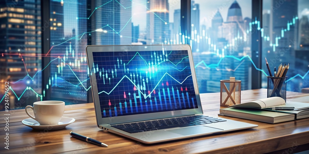 Multi-exposure image of financial charts and graphs superimposed over a ...