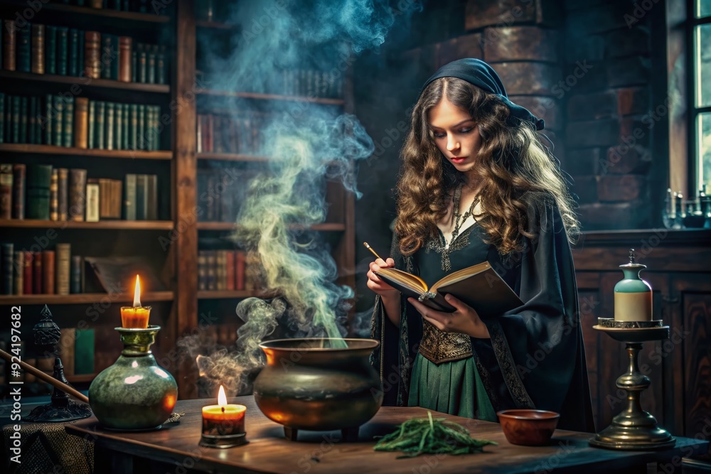 Mysterious sorceress conjures magical elixir in dimly lit chamber ...