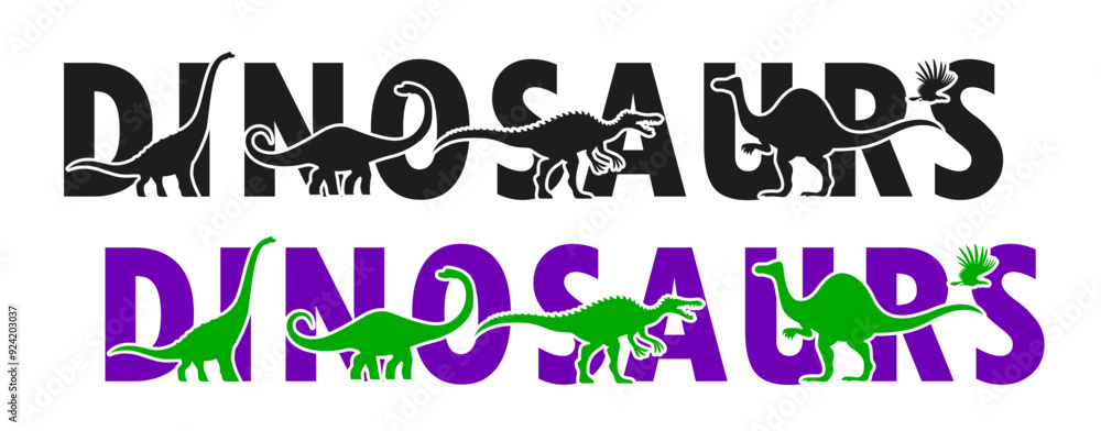 Dinosaurs silhouettes lettering with Jurassic lizards and dino ...