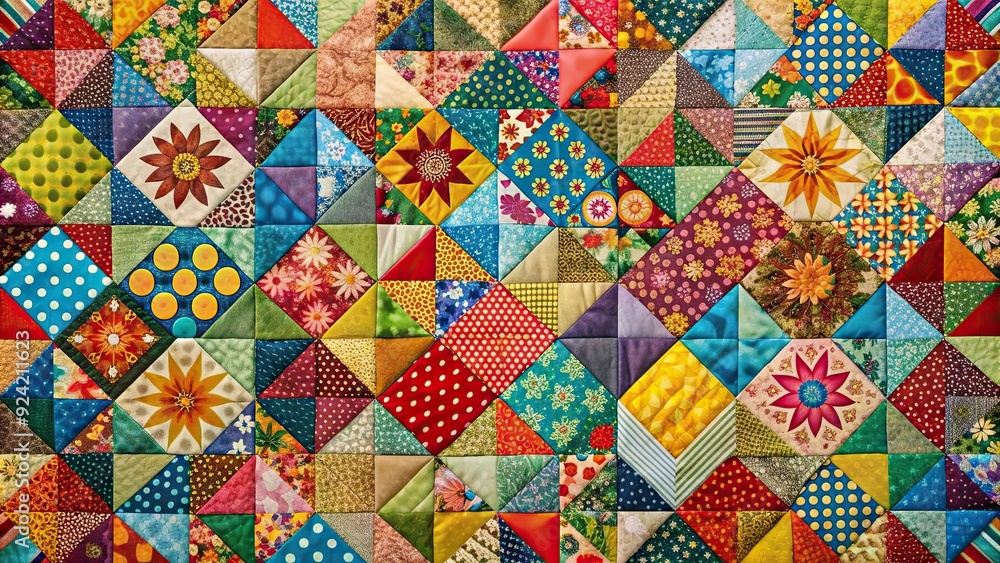 Colorful patchwork quilt background with various geometric shapes and ...