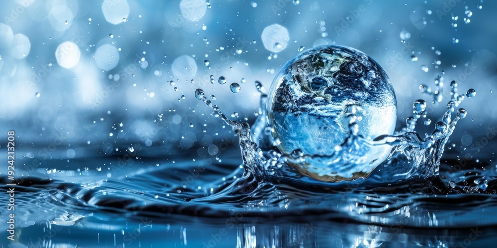 Water droplet creating splash around globe, symbolizing environmental ...
