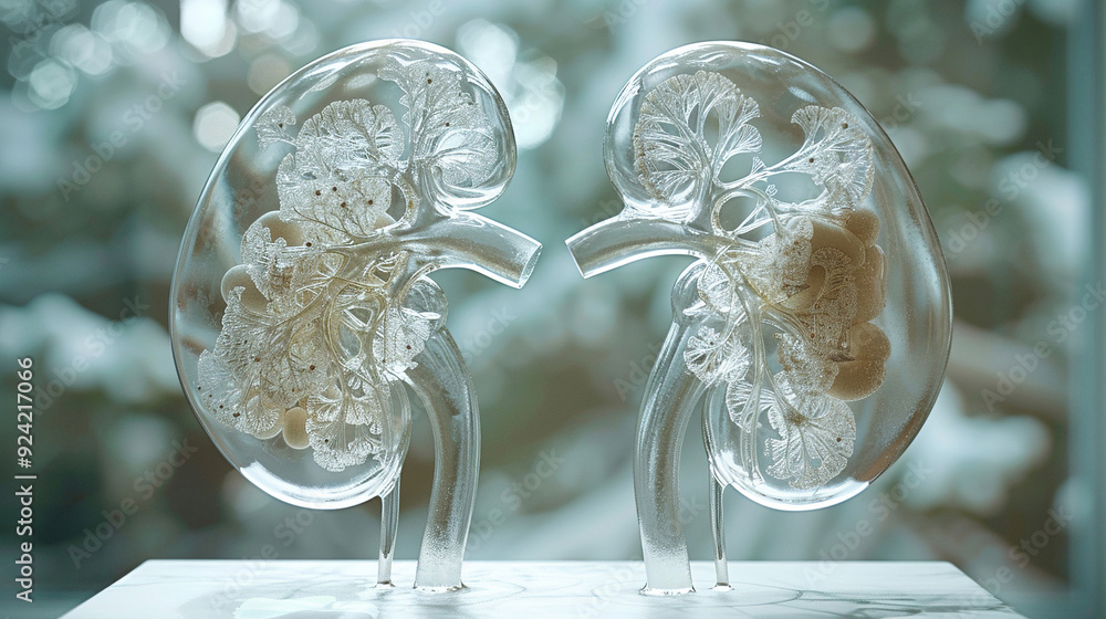 Human's kidney made from transparent glass in laboratory background ...