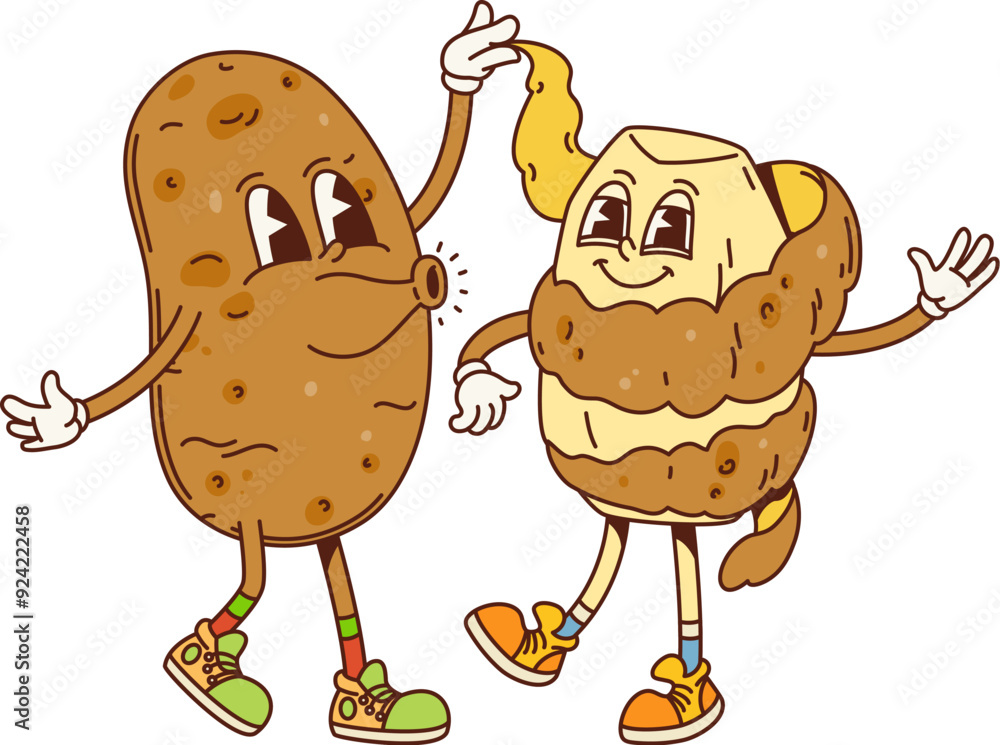 Potato retro groovy barbeque characters. Isolated cartoon vector ...