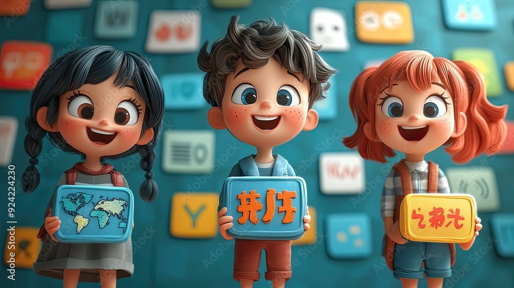 5-10 cartoon characters learning new languages with digital apps ...