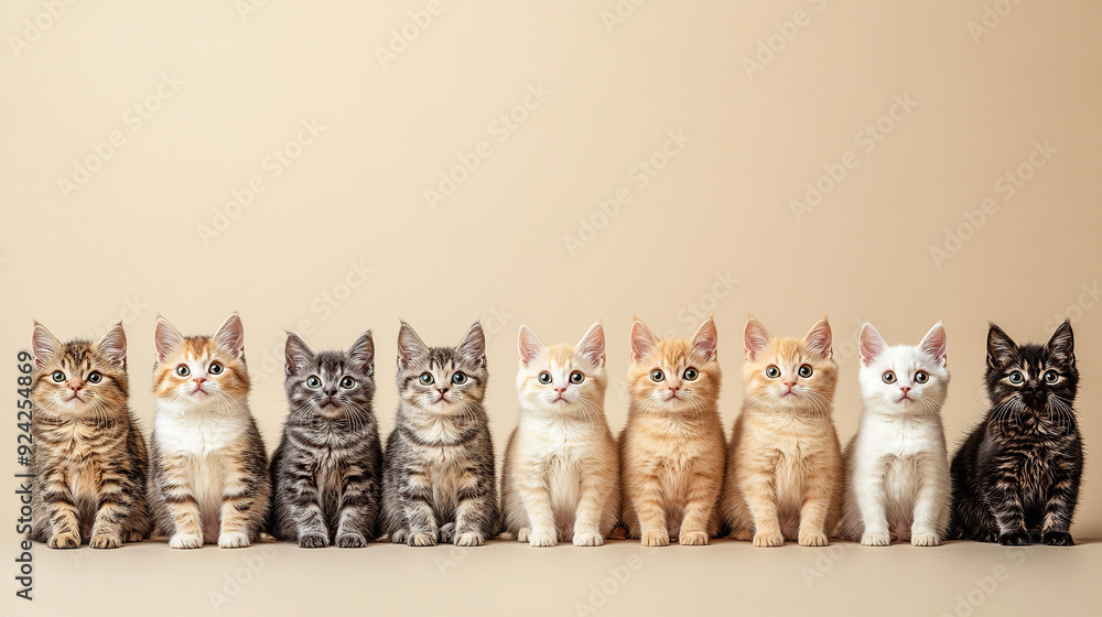 Rows of cute cats in different colors and sizes sitting side by side on ...