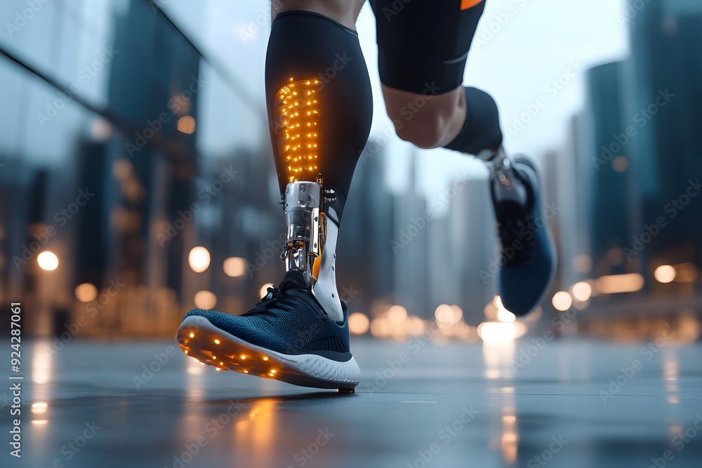 Man amputee with prosthetic robotic bionic leg. Modern technology ...
