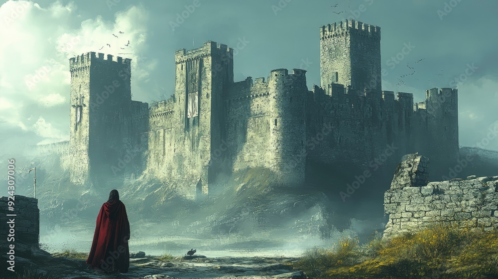 person exploring a medieval castle, with stone walls and towers in the ...