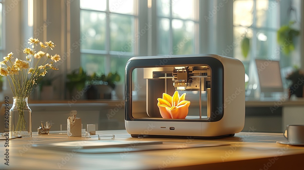 3D printer creating a prototype model in an office setting, soft ...