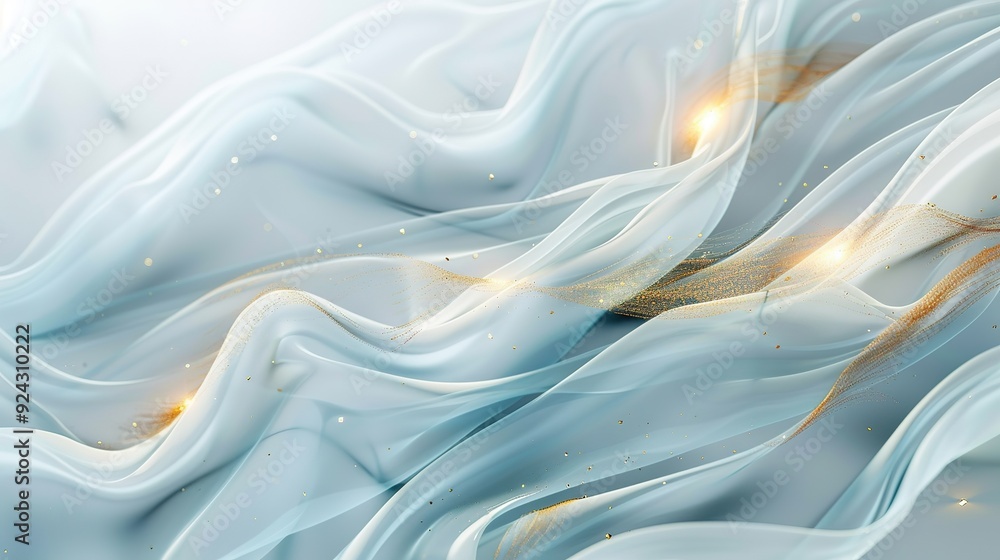 Abstract blue and gold background with soft, flowing waves and sparkling particles. Stock ...