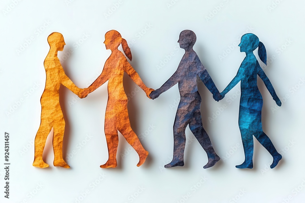 four diverse paper cutout figures holding hands clean white background subtle shadows for depth ...
