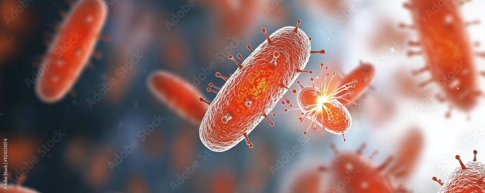 Microscopic image of bacterial cells dividing, with clear view of ...
