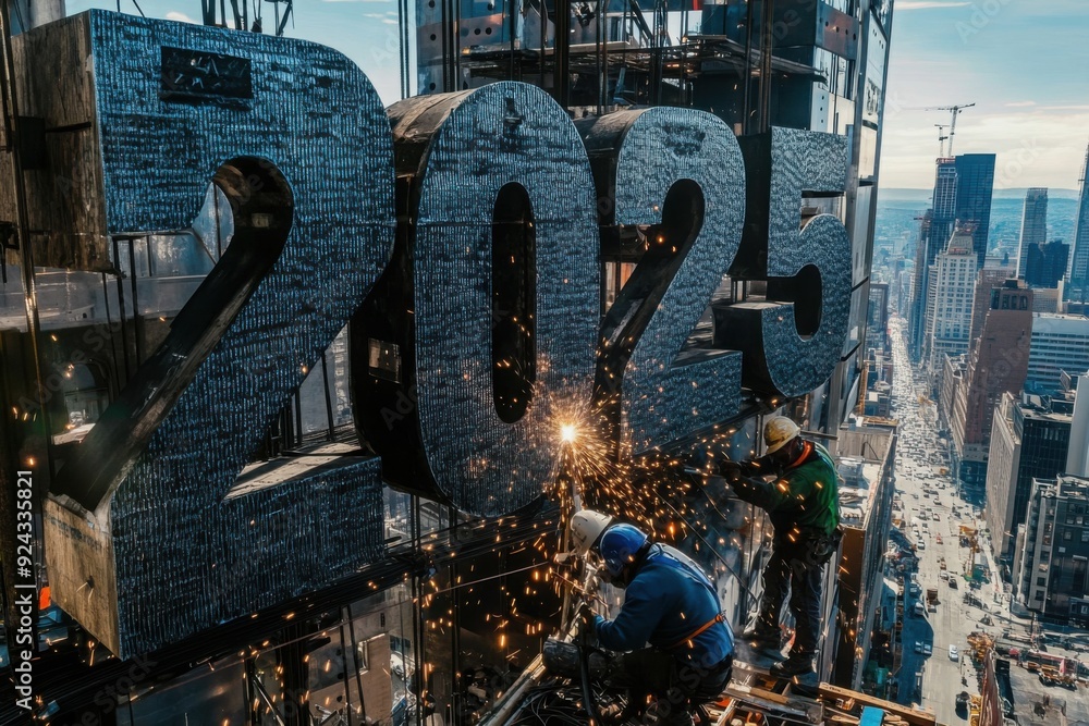 Construction workers welding a giant "2025" sign on a skyscraper, with ...