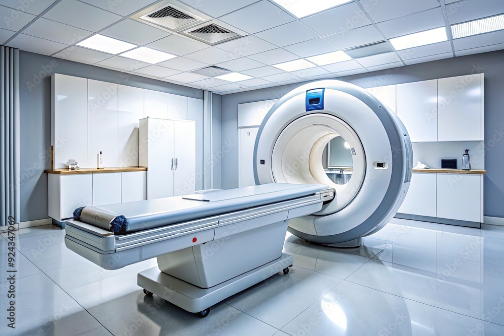 A sleek, modern CT scanner occupies a hospital laboratory, its advanced ...