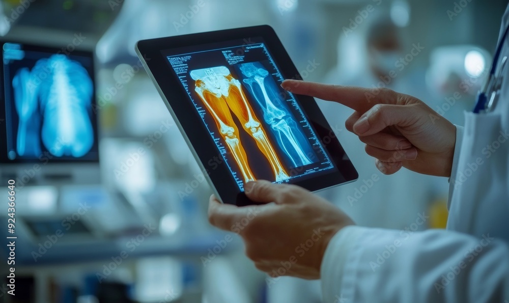 Orthopedics surgeon doctor using digital tablet and examining and ...
