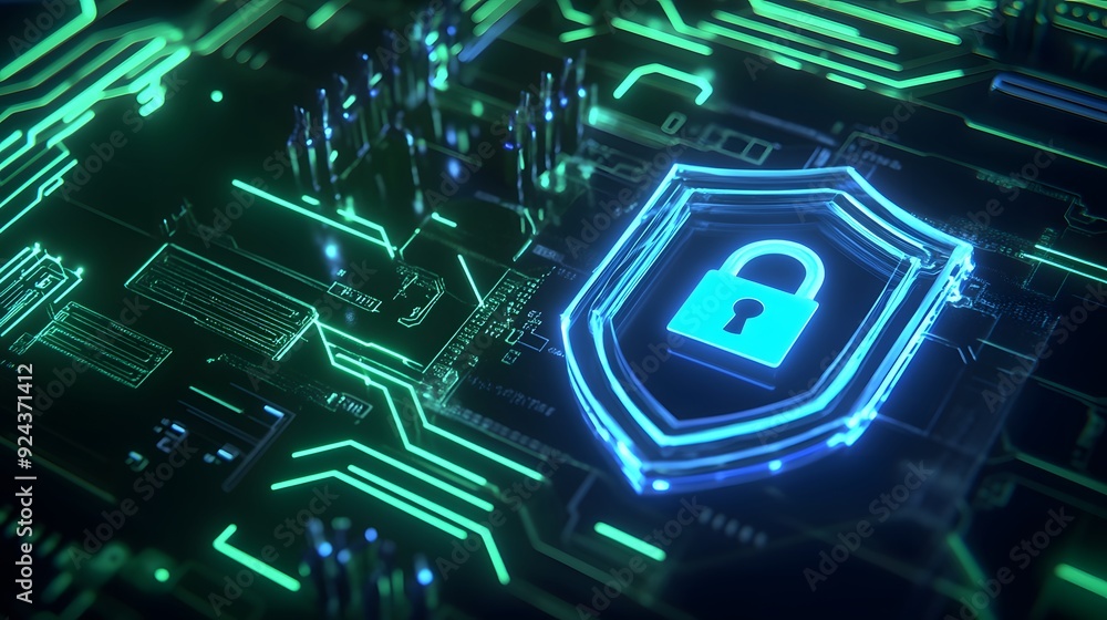 Cybersecurity concept with a glowing padlock on a digital circuit board symbolizing online ...