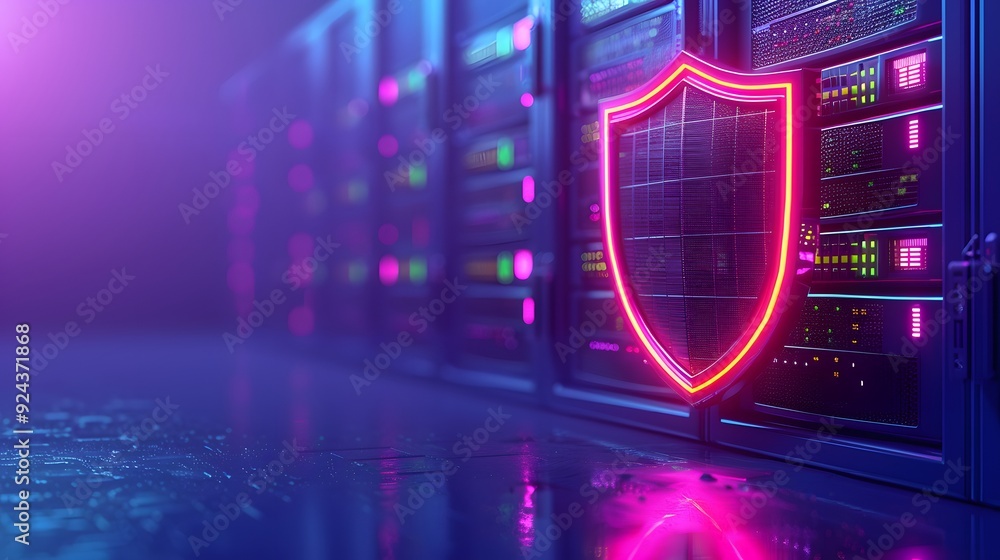 Cybersecurity concept with neon shield over server racks in data center, showcasing protection ...