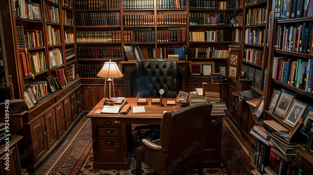 Librarian's Reading Room: A cozy desk surrounded by bookshelves in a ...