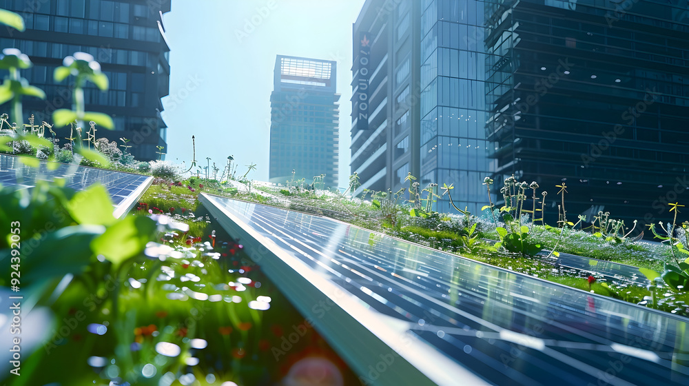 Solar Panel Arrays: Close-up of solar panel arrays, green roofs, and ...