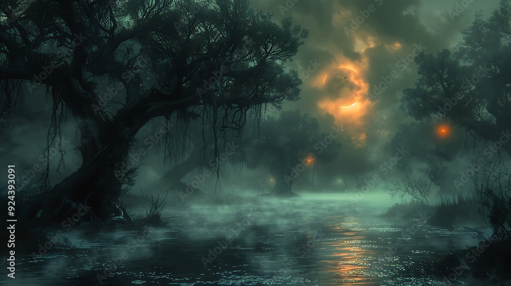 A mystical swamp with gnarled trees, murky waters, and glowing eyes ...