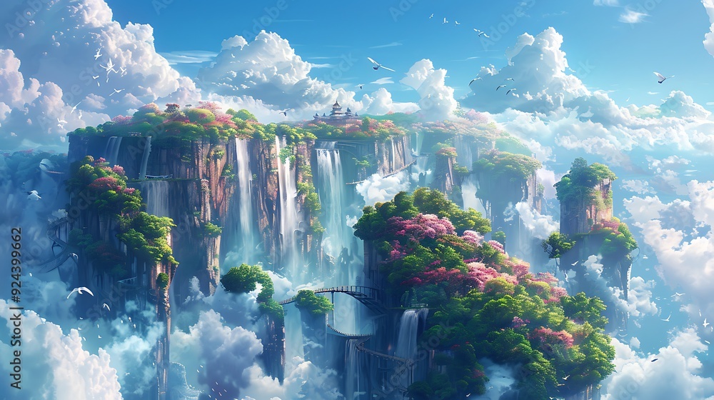 Magical floating islands connected by bridges, with waterfalls pouring ...