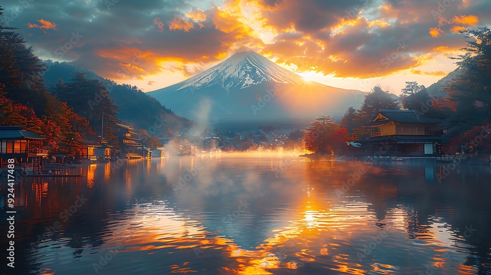 A stunning image of Hakone's hot spring town, Mount Fuji majestically ...