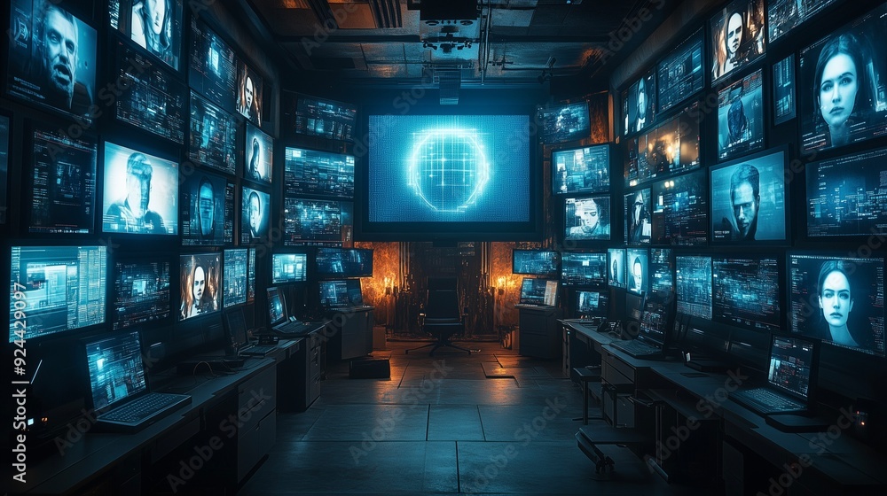 Control room with AI facial recognition systems, digital screens filled ...