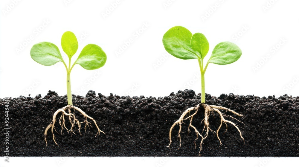 Two young plants with visible roots growing in soil, illustrating early ...