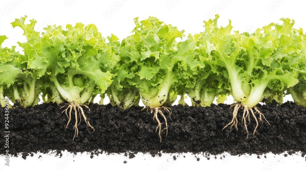 Cross-section image showing lettuce heads with roots growing down into ...