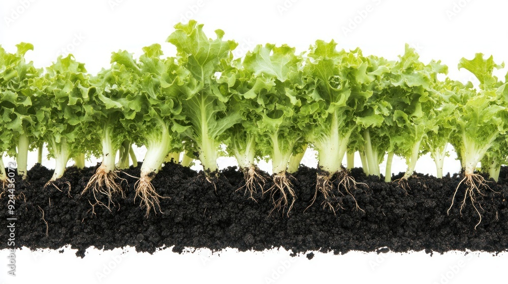 Cross-section view of lettuce plants growing in soil, showing green ...