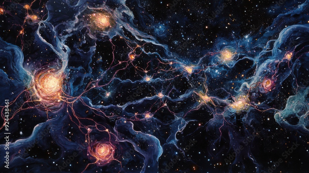 A painting of a night sky where stars are connected by glowing veins ...