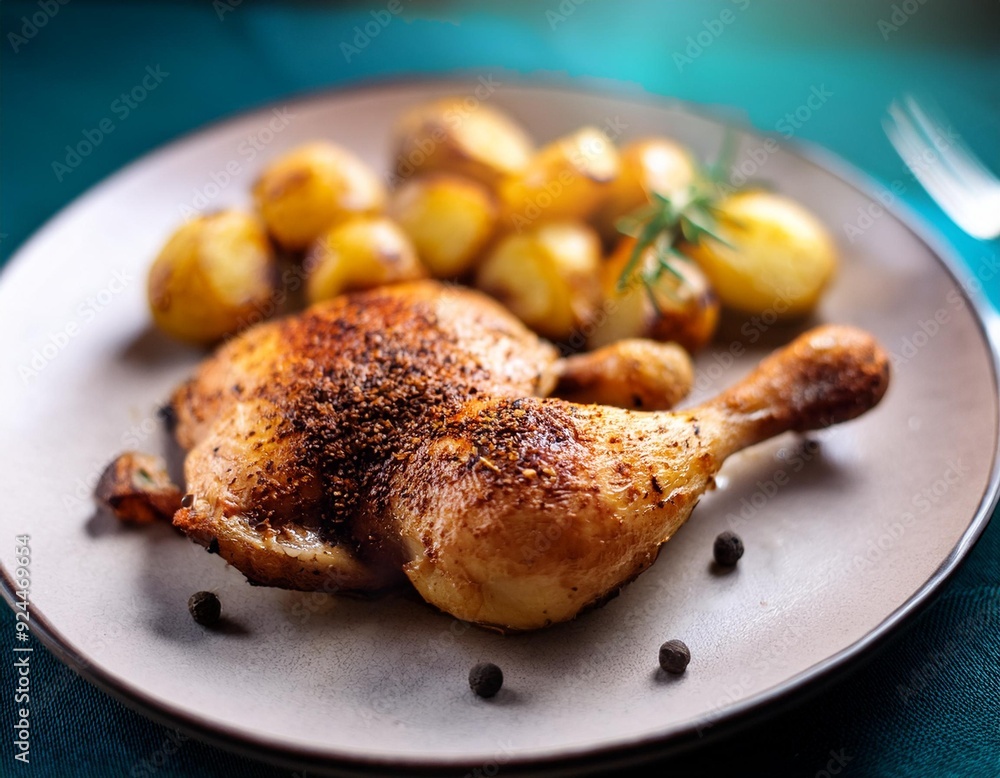Un suculento pollo asado con patatas de acompañamiento Stock Photo ...