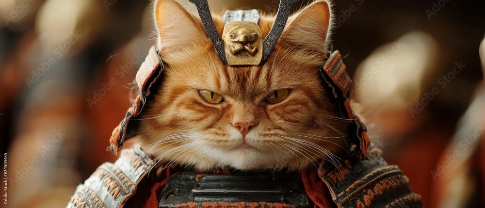 Orange fat samurai cat with a fierce expression and traditional armor ...