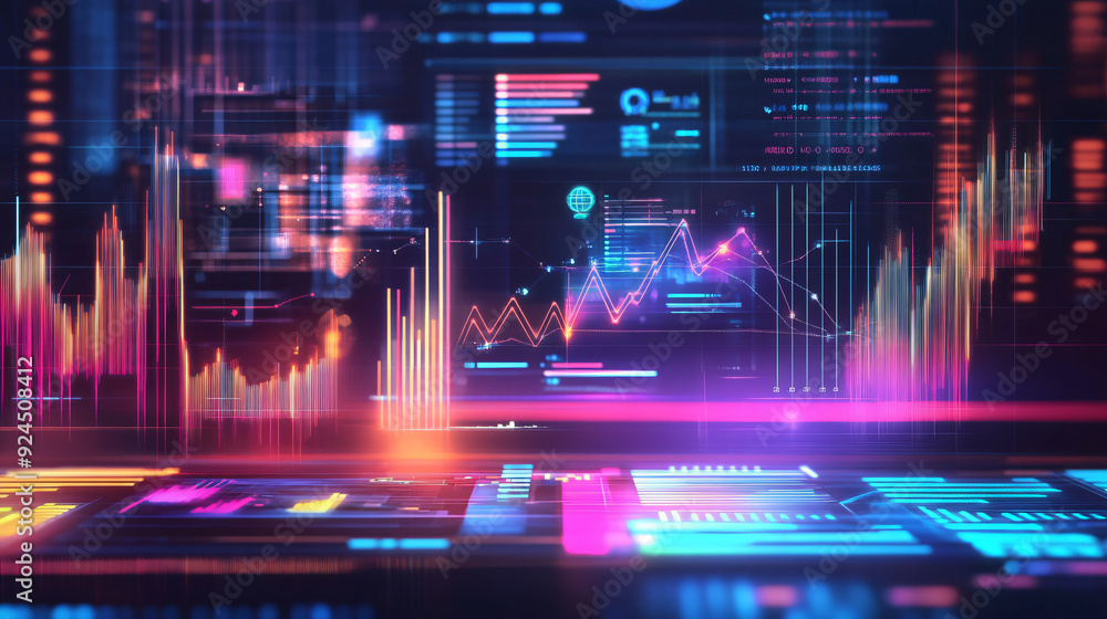 A digital interface with AI-powered predictive analytics visualized as glowing graphs and charts ...