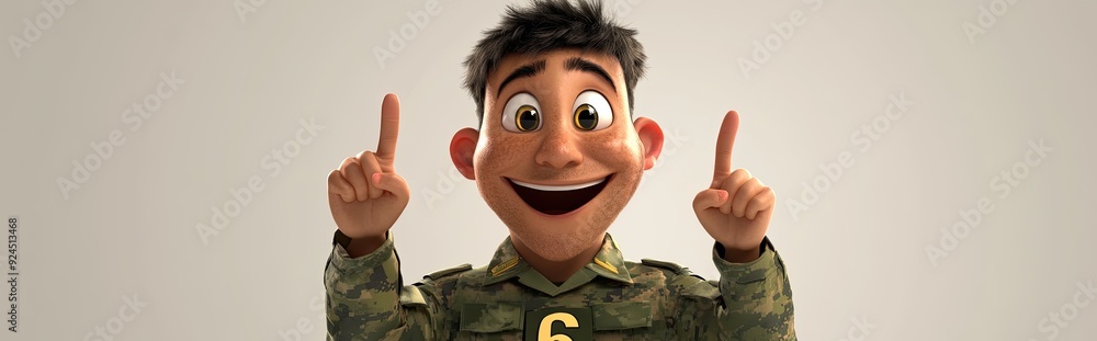 Cheerful 3D cartoon character of a young hispanic soldier in camouflage ...
