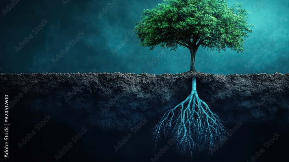 Tree with Extensive Root System in Cross-Section Against Dark ...