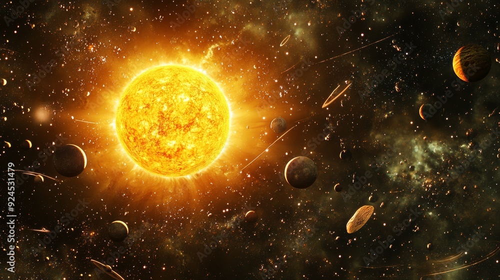 Solar system with planets and moons orbiting the sun, fantasy space ...