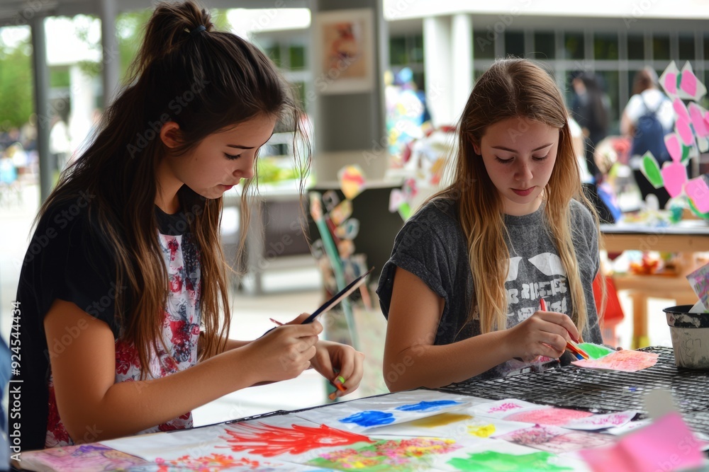 Exchange students making crafts with local students. They are creating ...