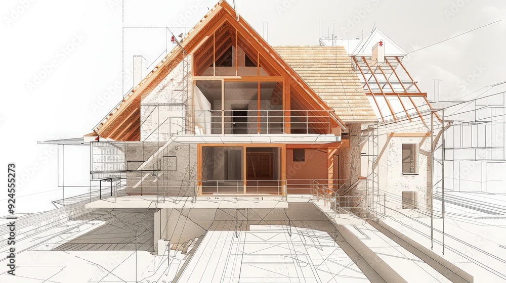 Artistic representation of a blueprint for a residential attic ...
