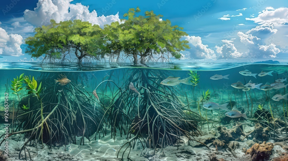 Artistic representation of a mangrove ecosystem, highlighting the ...