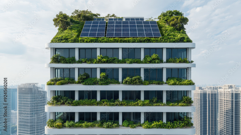 Office building with green roofs and solar panels, carbon footprint ...