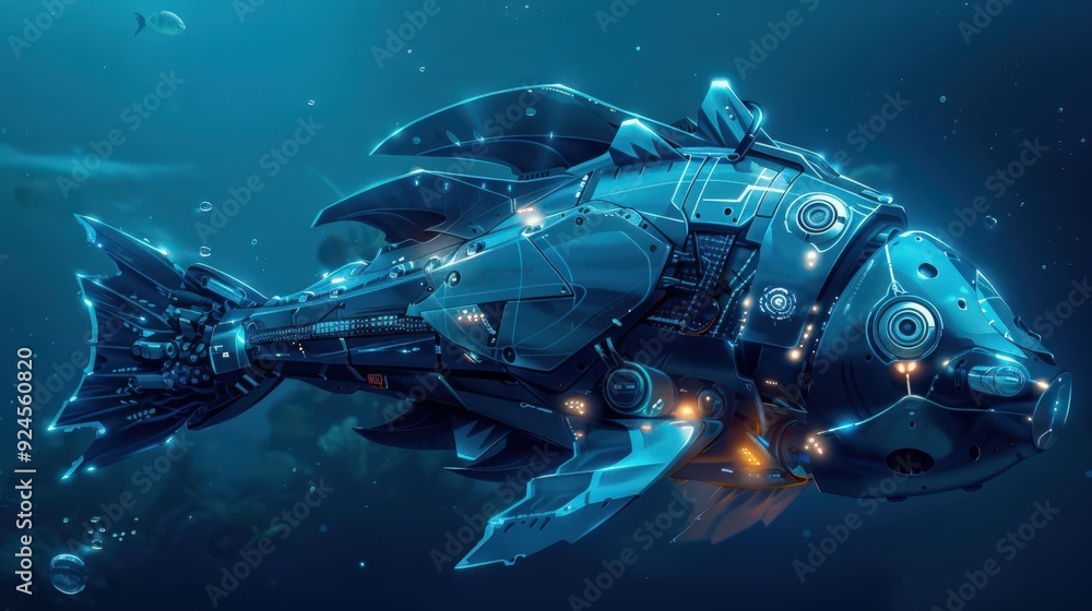 Illustration of a robotic fish, highlighting its aquatic propulsion ...
