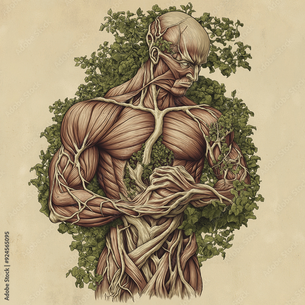 Detailed anatomical diagram of muscles intertwined with nature, where ...