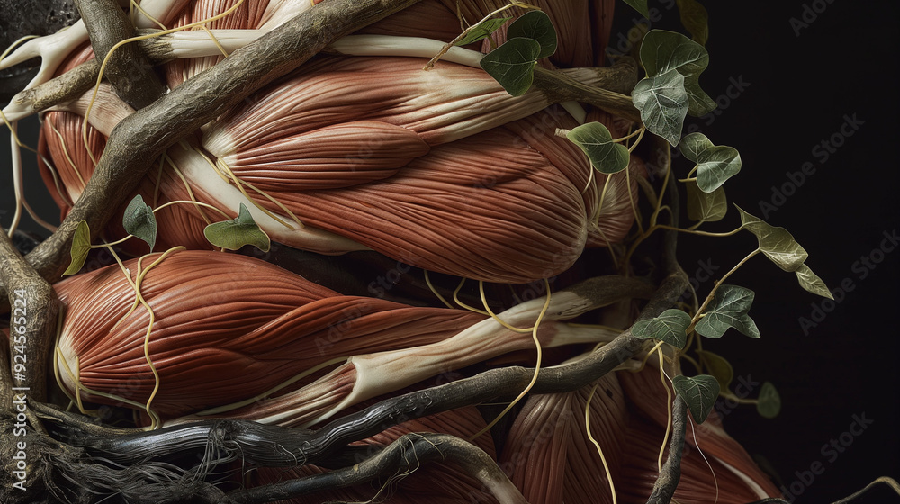 Detailed anatomical diagram of muscles intertwined with nature, where ...