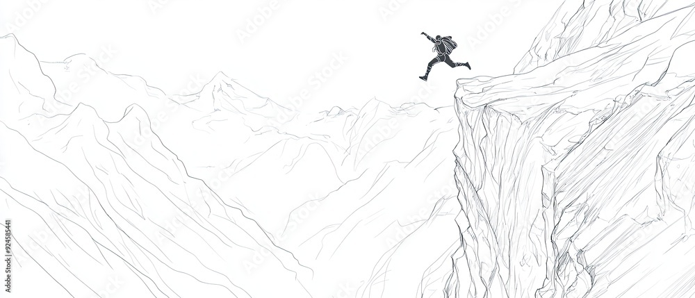 One line art capturing a base jumper leaping from a cliff with soaring ...